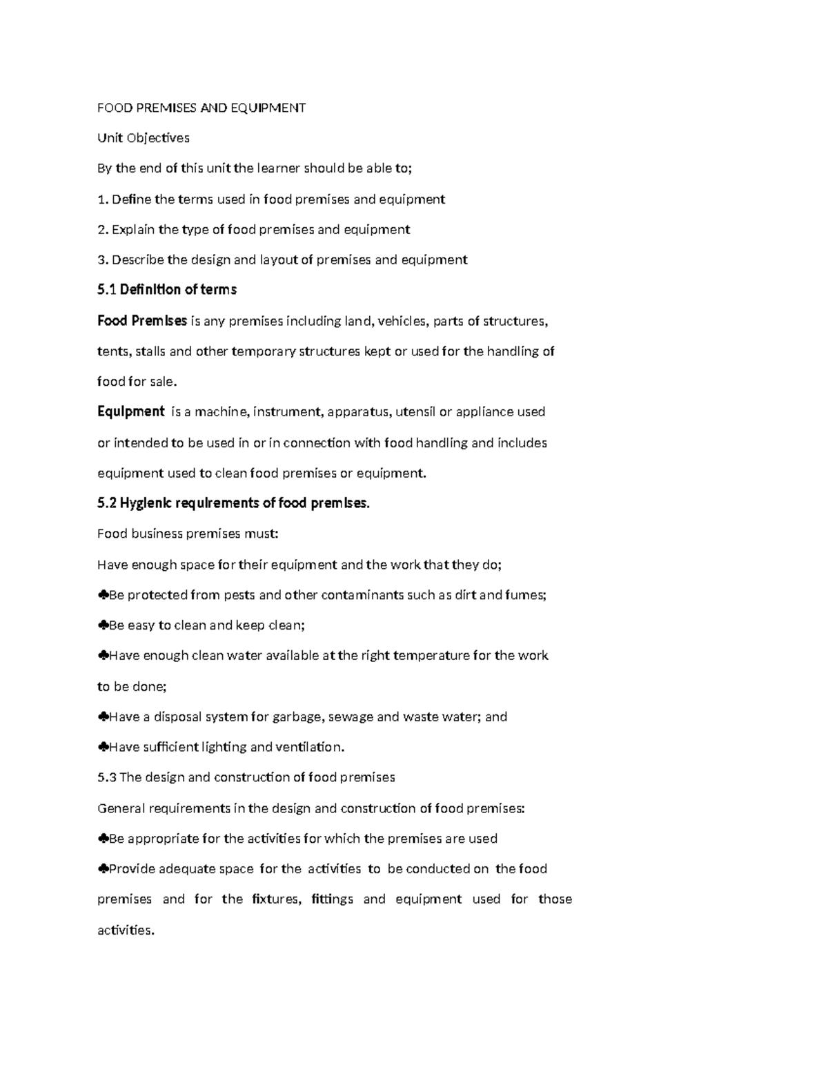 FOOD Premises AND Equipment - FOOD PREMISES AND EQUIPMENT Unit ...