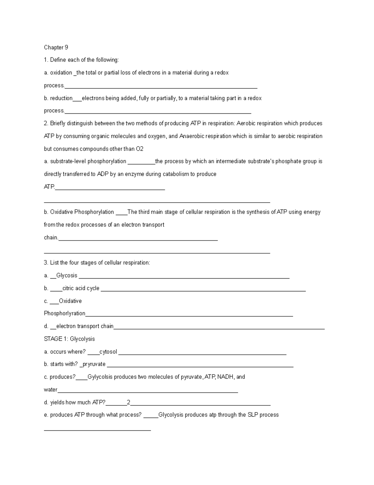 Chapter 9 - Chapter 9 Define each of the following: a. oxidation the ...
