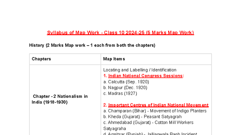 Map Work SSt Class 10 - Syllabus & Important Locations - Studocu