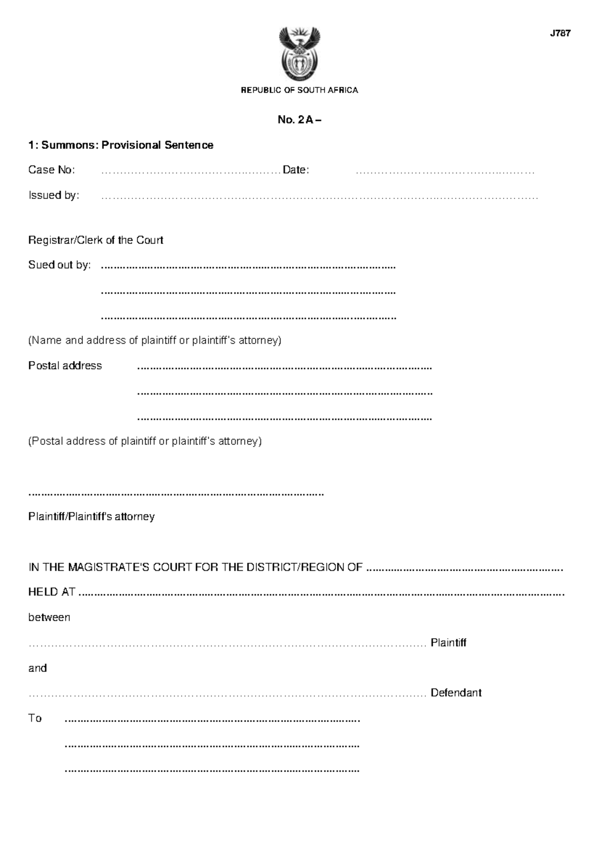 J787-Form 02A - Provisional Sentence Summons Template - Studocu