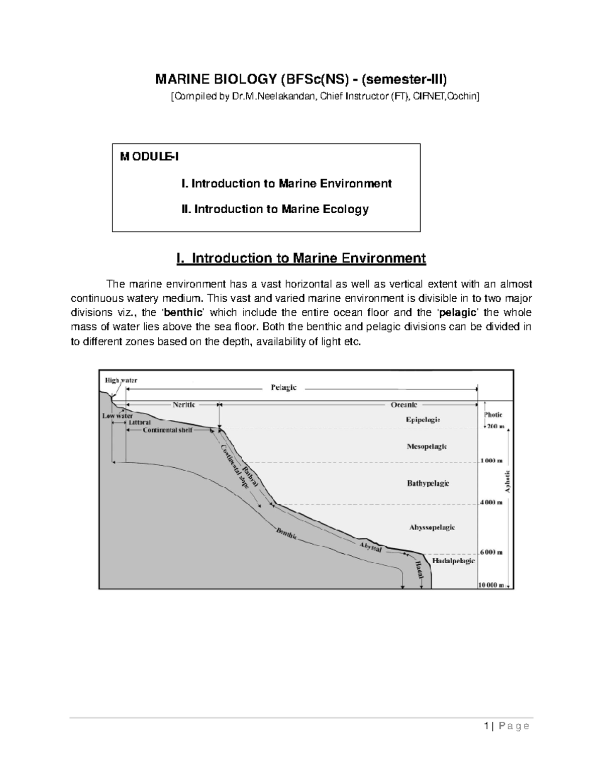 Notes on Marine Biology (BFSc(NS) - Sem III) - Marine Environment ...