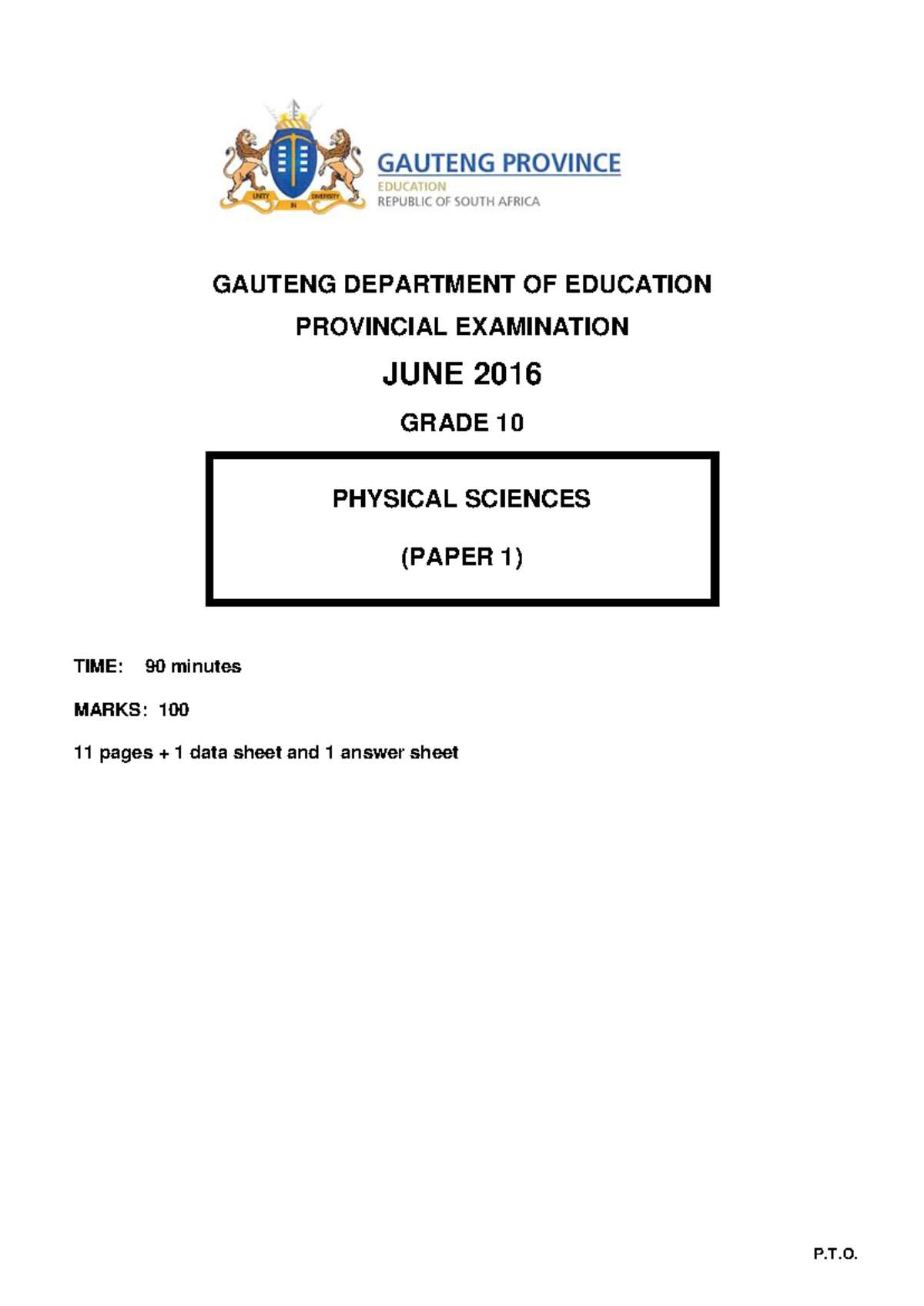 GAUTENG DEPARTMENT OF EDUCATION GRADE 10 PHYSICAL SCIENCES JUNE 2016 ...