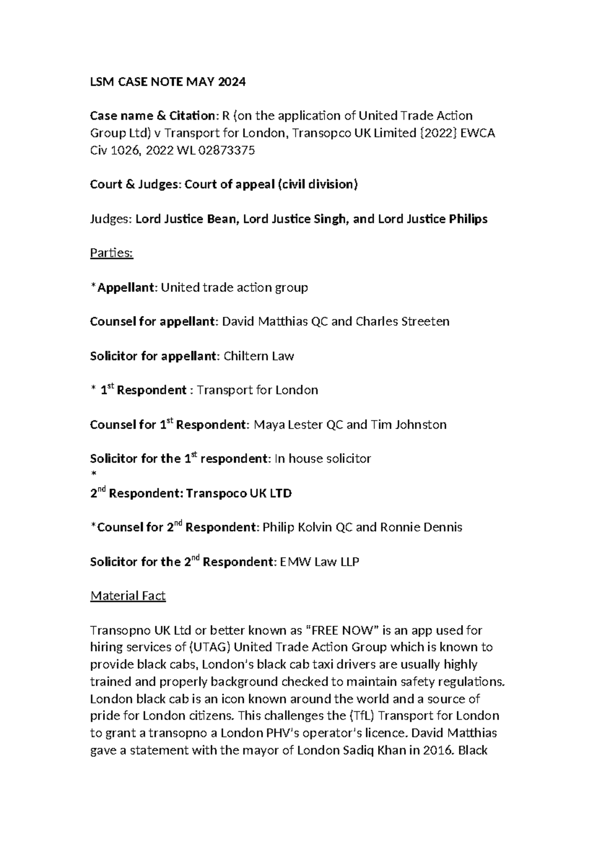 LSM Case Note 2024 - R v Transport for London & Transopco UK Ltd - Studocu