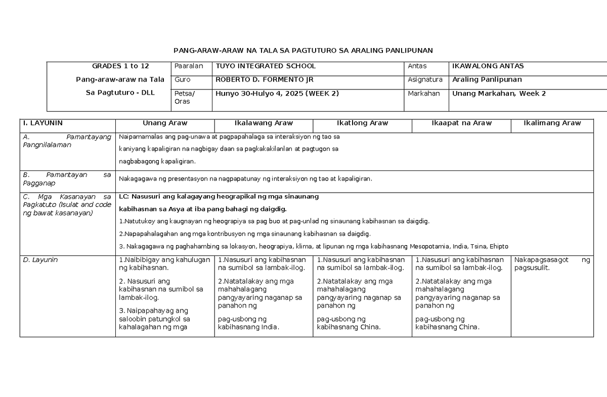 DLP AP 8 Q1 WEEK 2: Pagtuturo ng Araling Panlipunan Grades 1-12 - Studocu