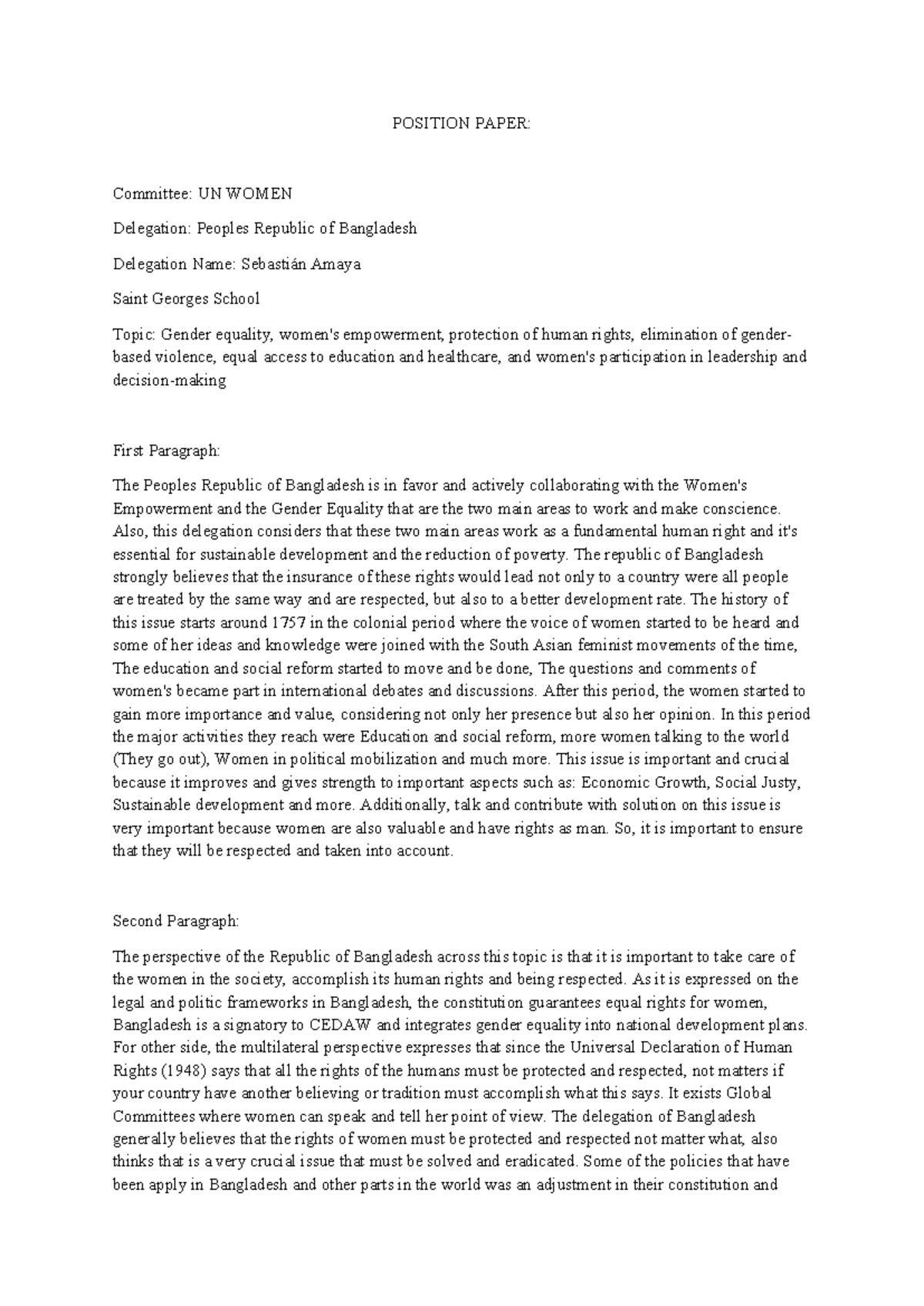 Position Paper: UN WOMEN - Bangladesh on Gender Equality & Empowerment ...