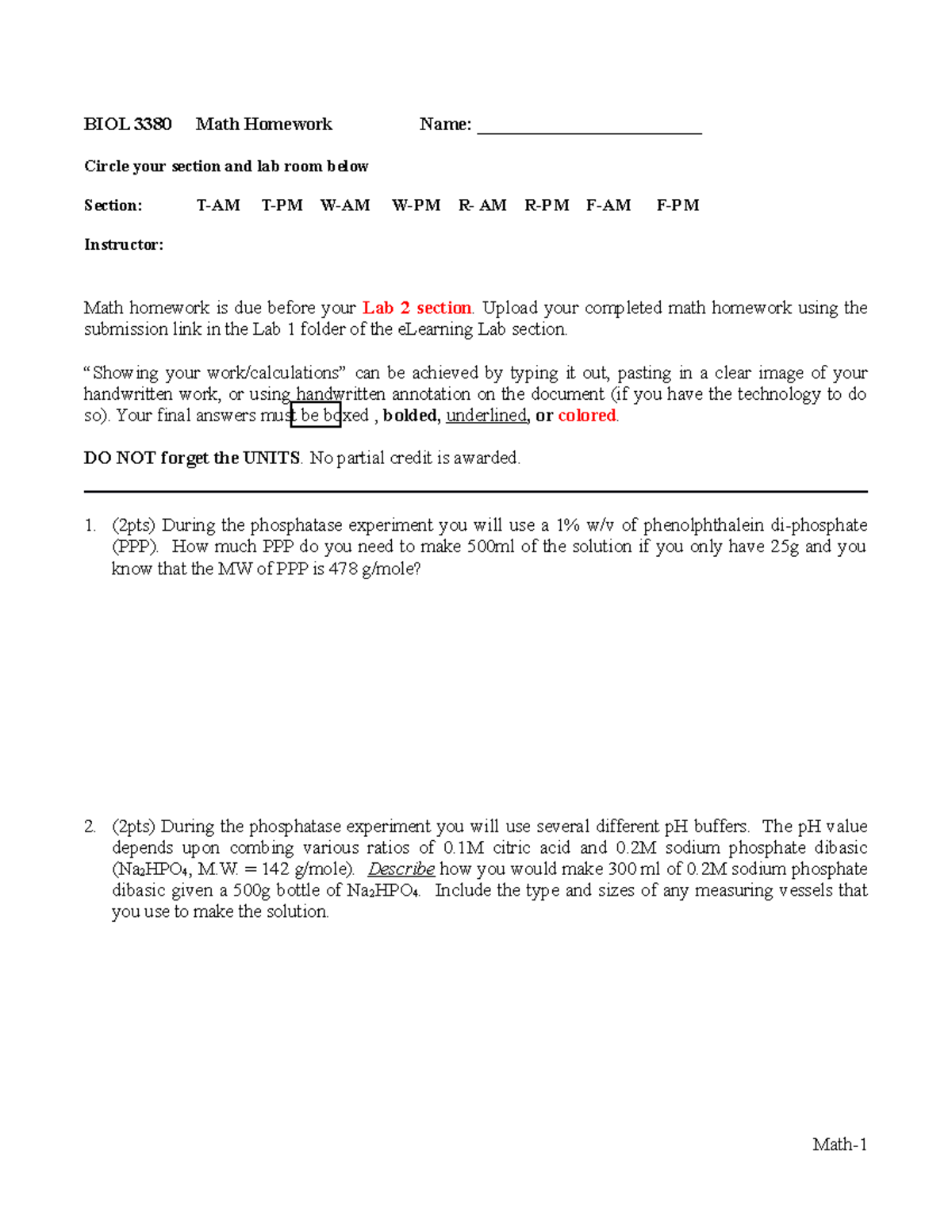 0 F23 Math Homework - lab worksheet - BIOL 3380 Math Homework Name