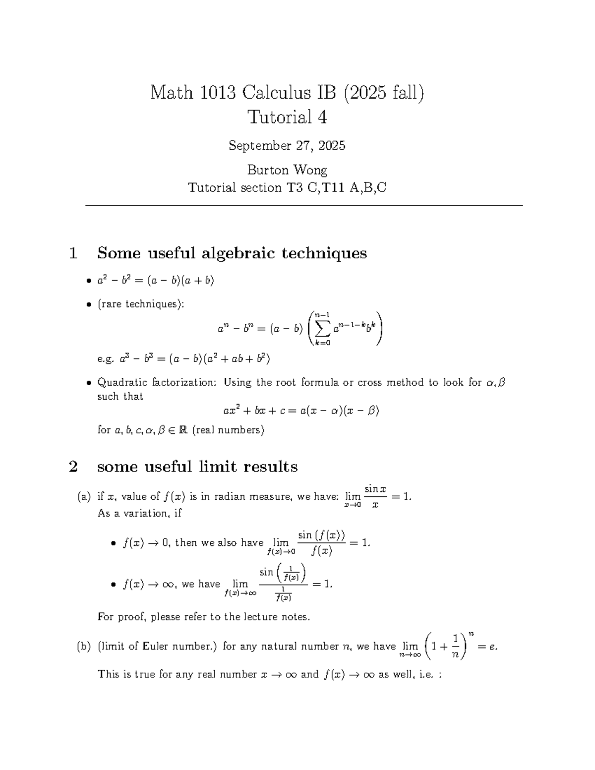 Math 1013 Calculus IB Tutorial 4: Algebra Techniques & Limits - Studocu