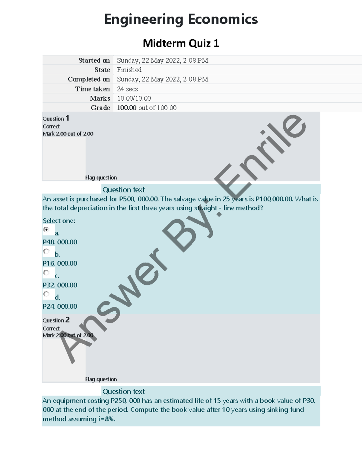 Midterm Quiz 1 & 2 - Eng Econ (Q1, Q2) Solutions & Analysis - Studocu