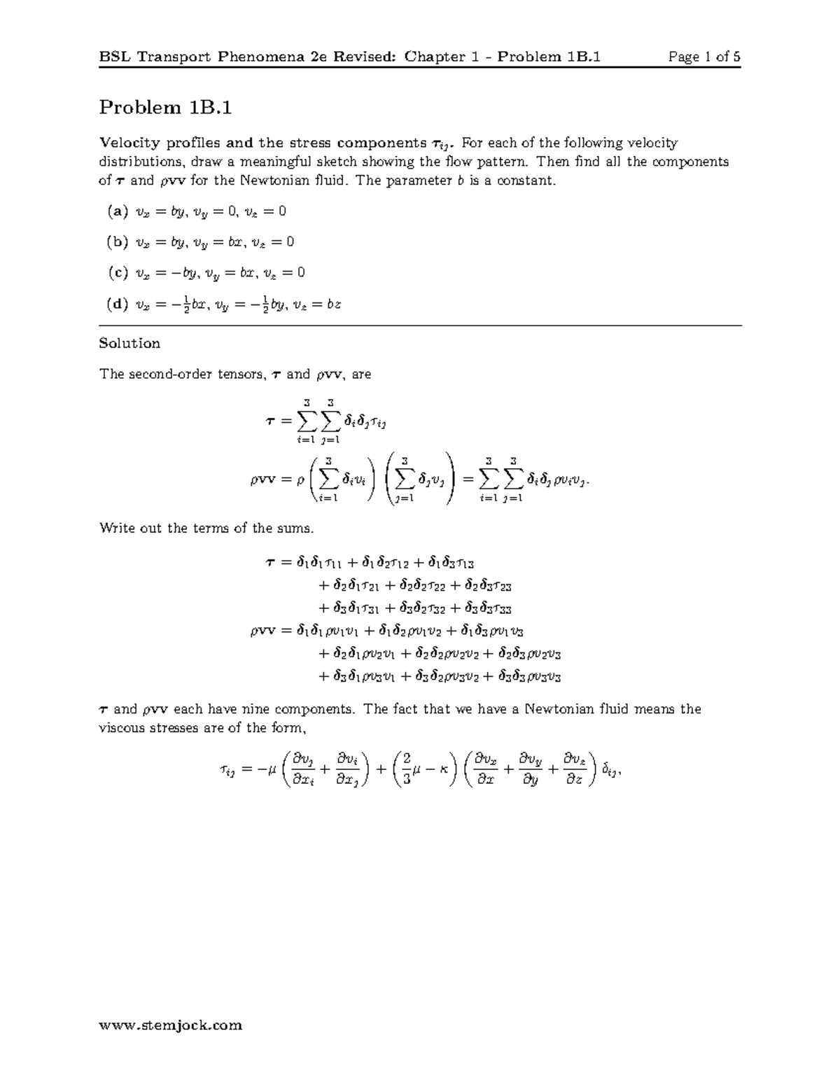 Sol 1B1 - Homework Solutions for Transport Processes in Fluids - Studocu