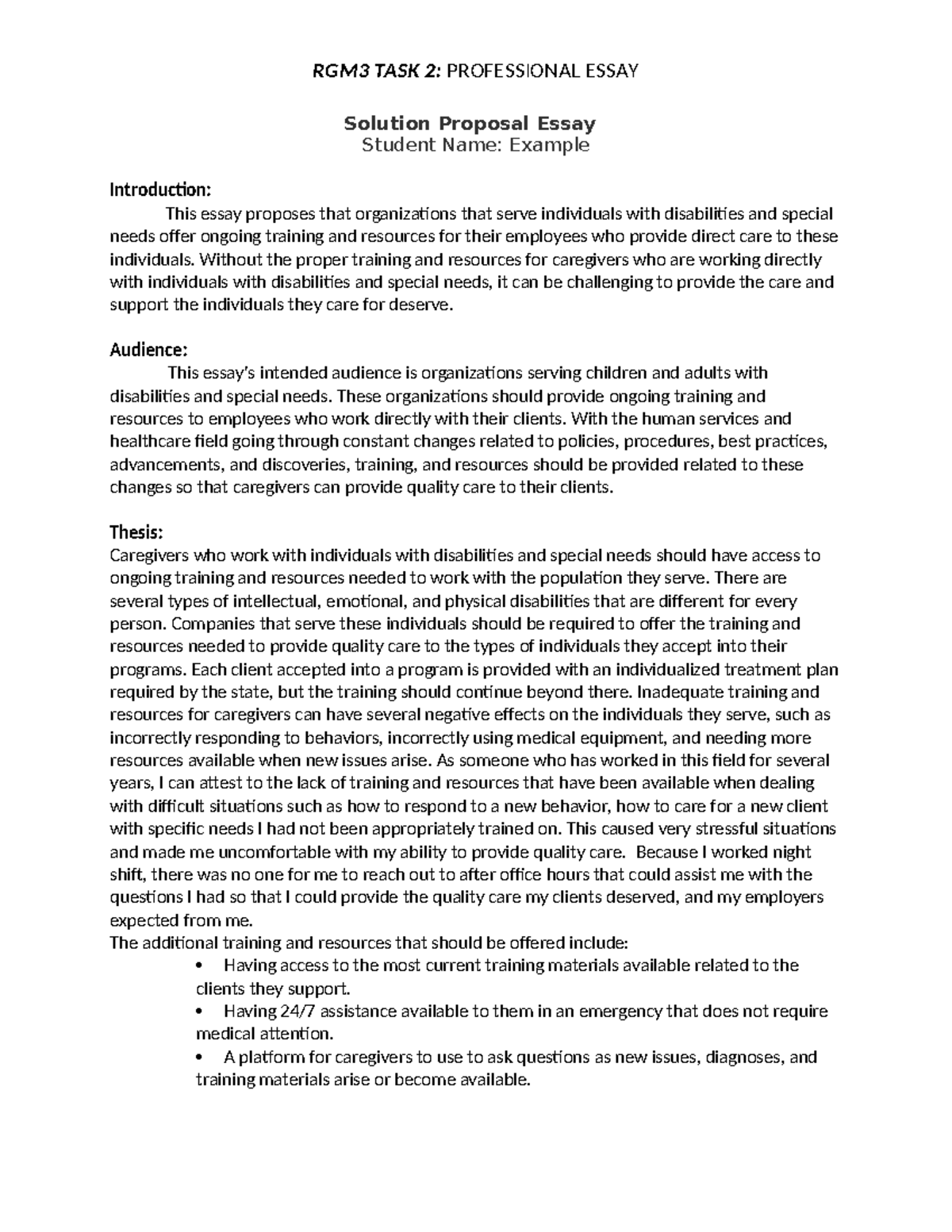 RGM3 Task 2: Proposal Essay on Training for Caregivers in Disabilities ...