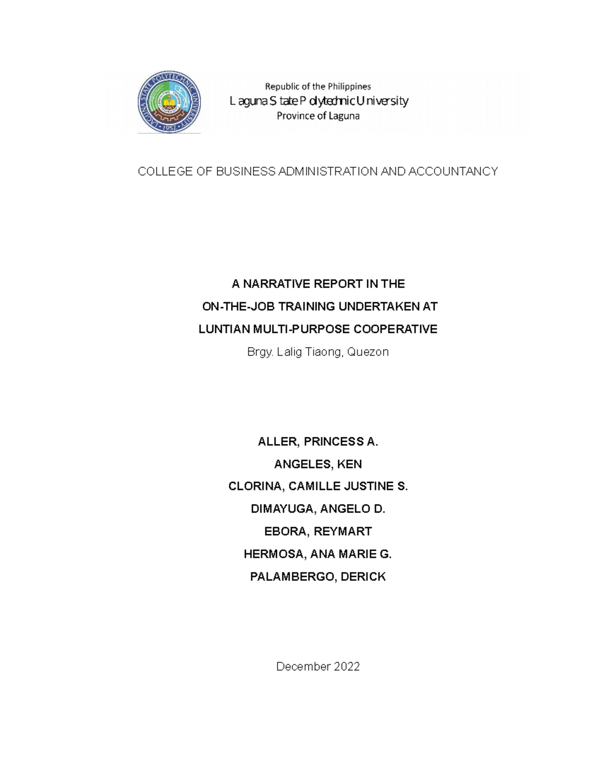 Narrative Report on OJT at Luntian Multi-Purpose Cooperative - Studocu