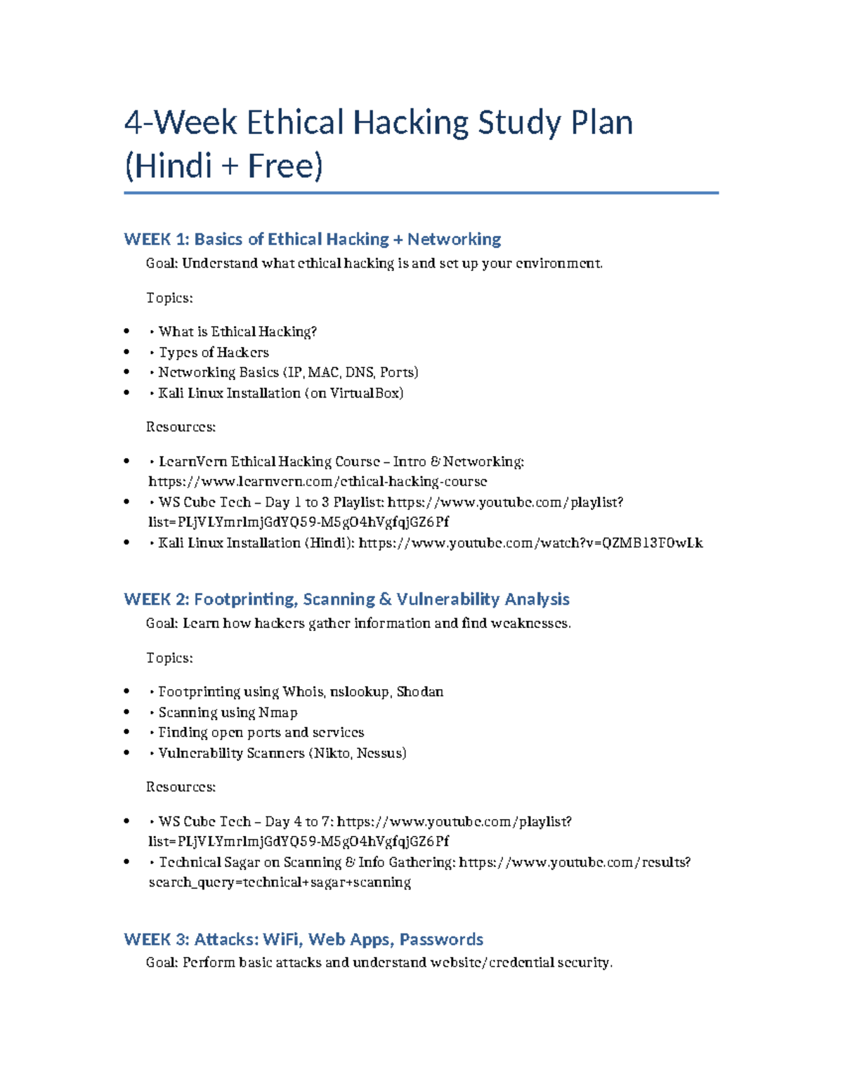 Ethical Hacking Study Plan (Hindi) - Week 1 to 3 Overview - Studocu