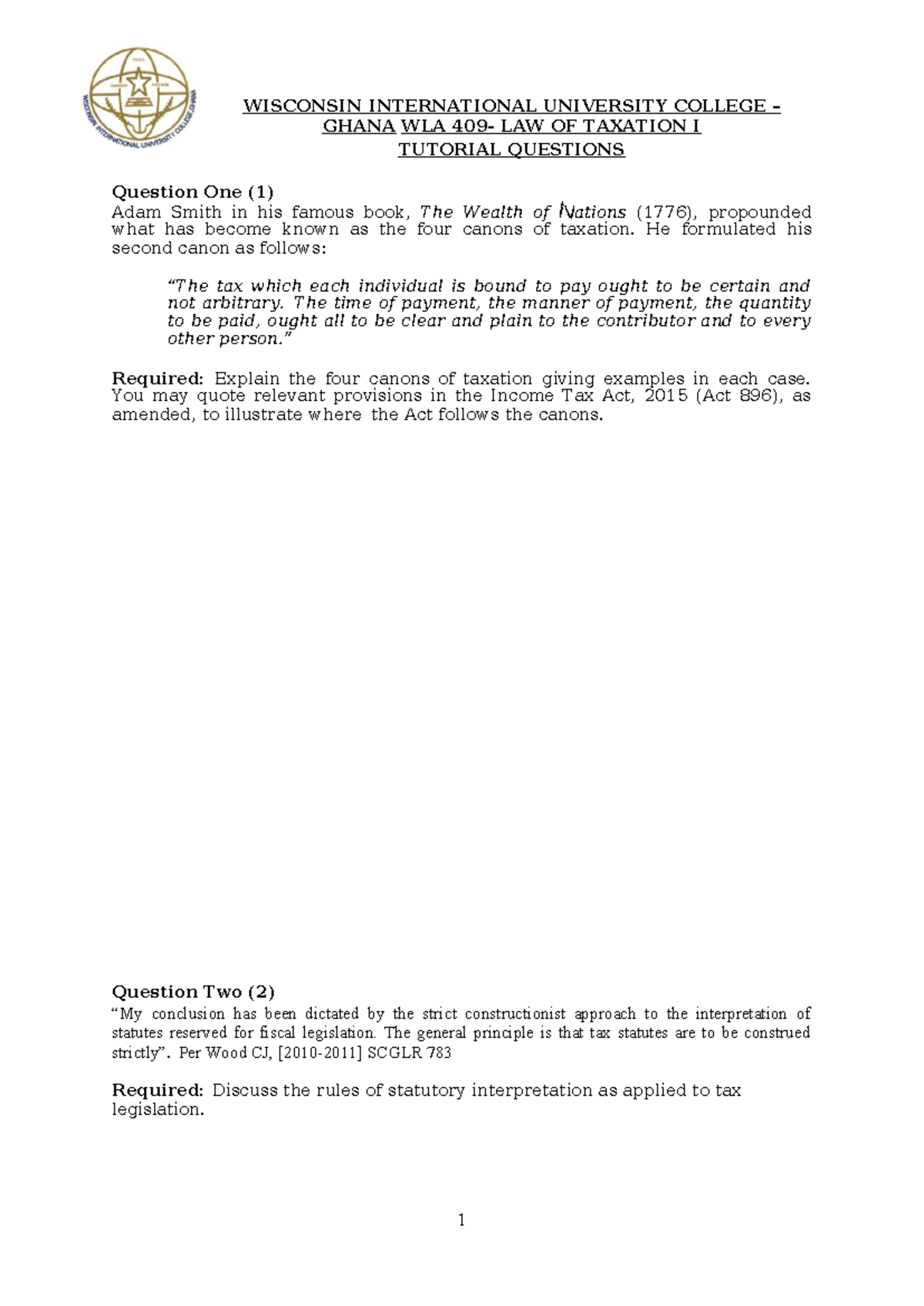 WLA Law of Taxation I: Comprehensive Tutorial Questions - Studocu