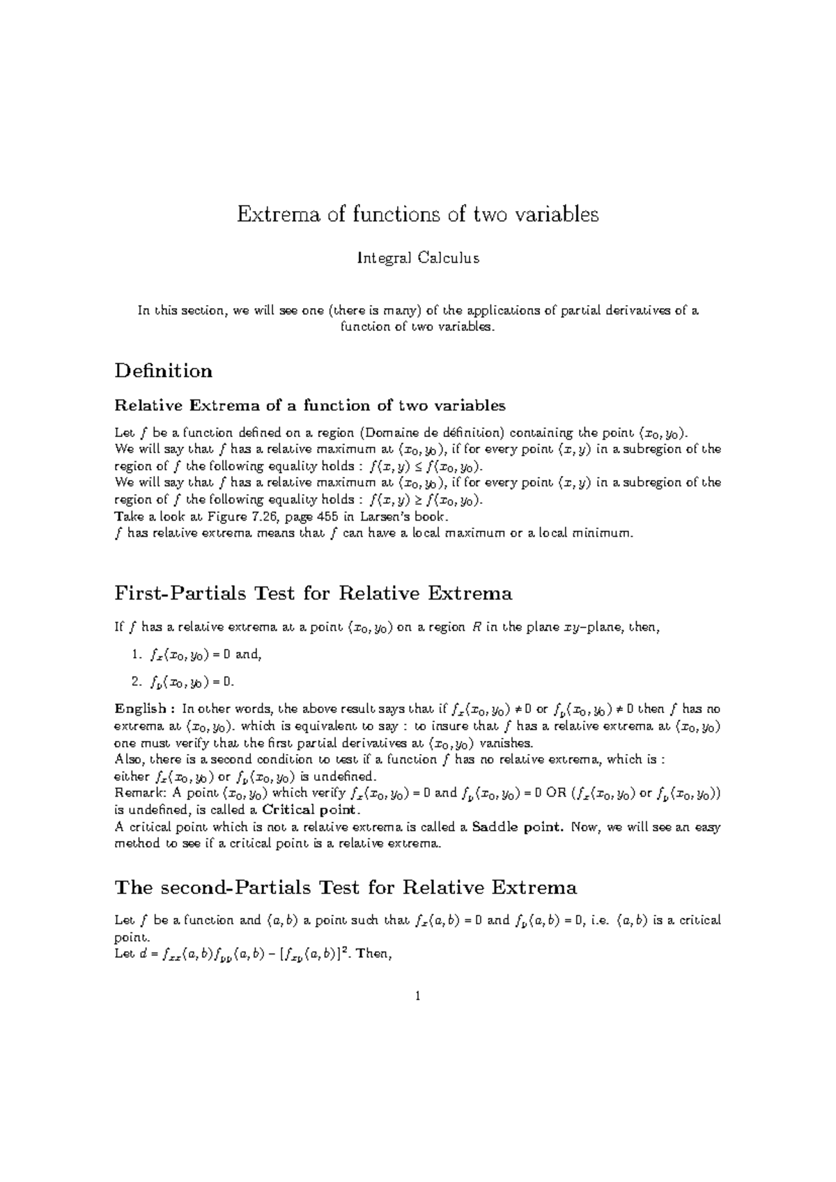 Relative Extrema in Functions of Two Variables - Integral Calculus ...