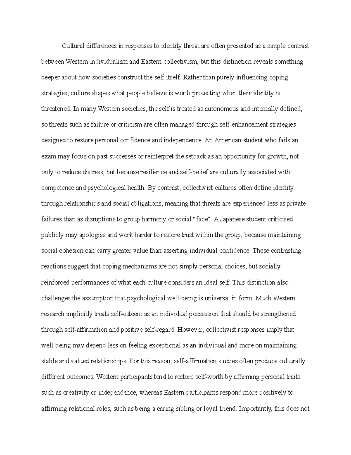 Cultural Responses to Identity Threat: PSYC333 Thought Reflection 2 ...