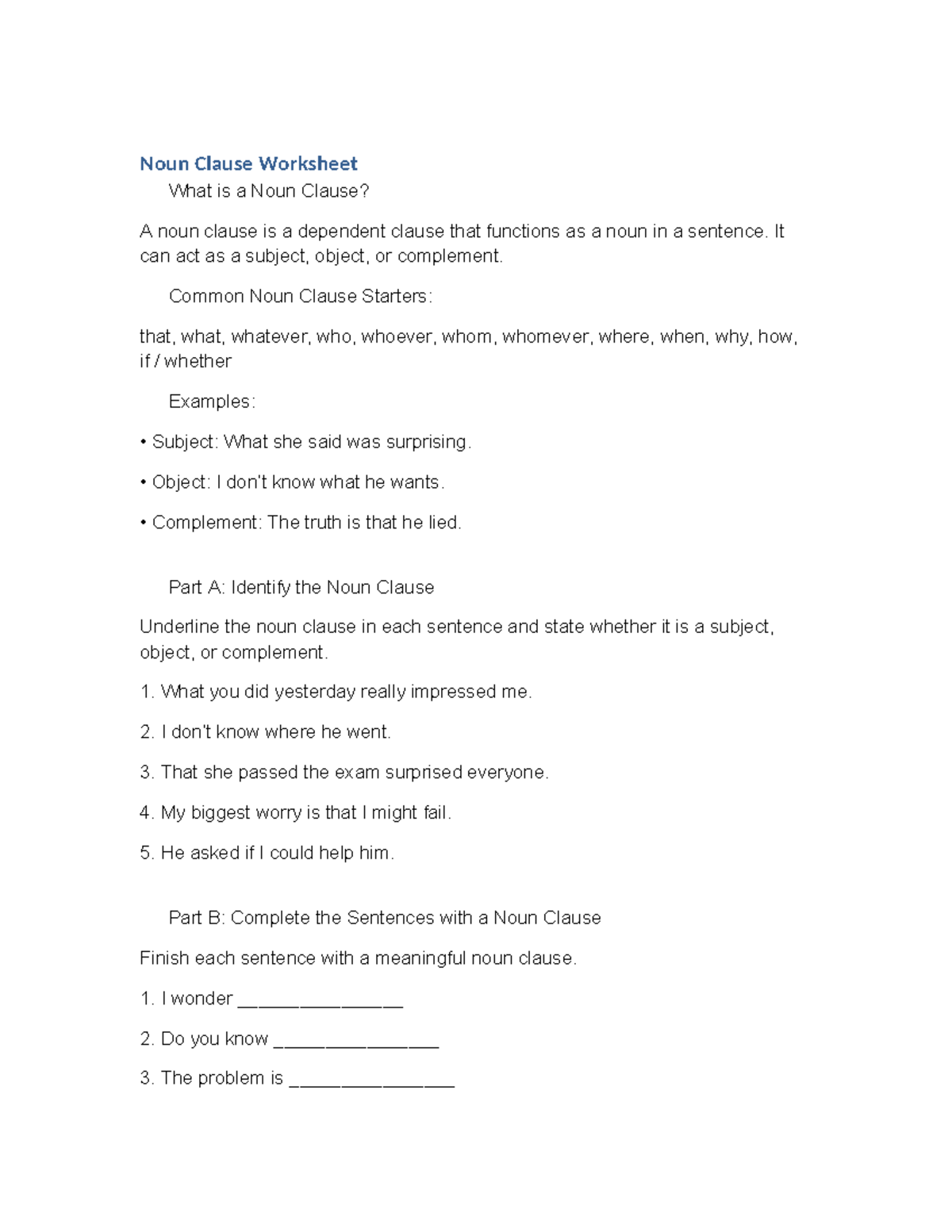 Noun Clause Worksheet: Understanding & Identifying Noun Clauses - Studocu