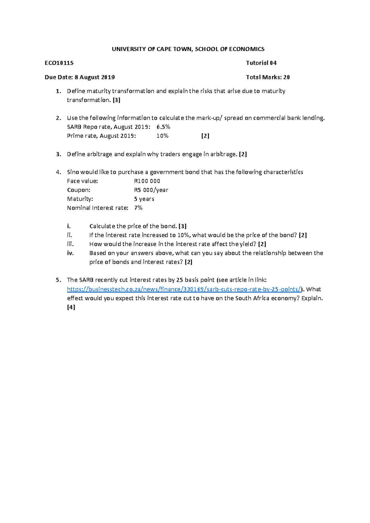 ECO1011S Tutorial 04 2019 - UNIVERSITY OF CAPE TOWN, SCHOOL OF ...