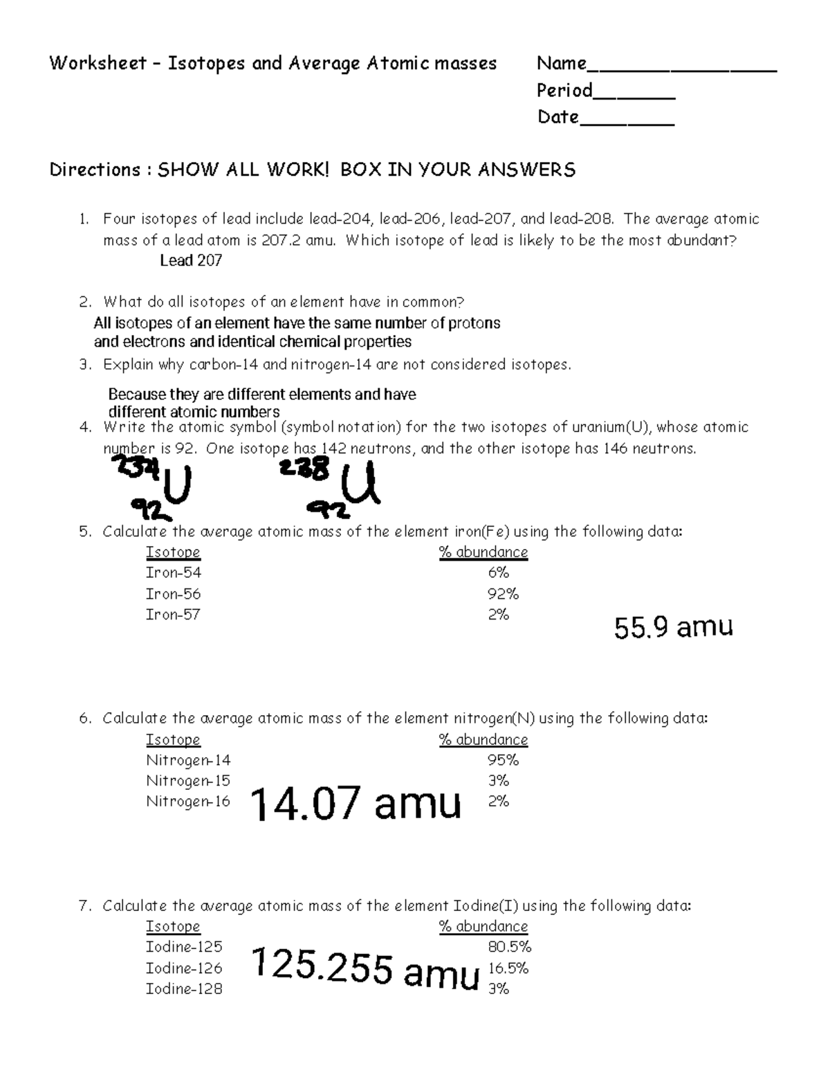 Worksheet: Isotopes & Average Atomic Mass (Chem 101) - Studocu