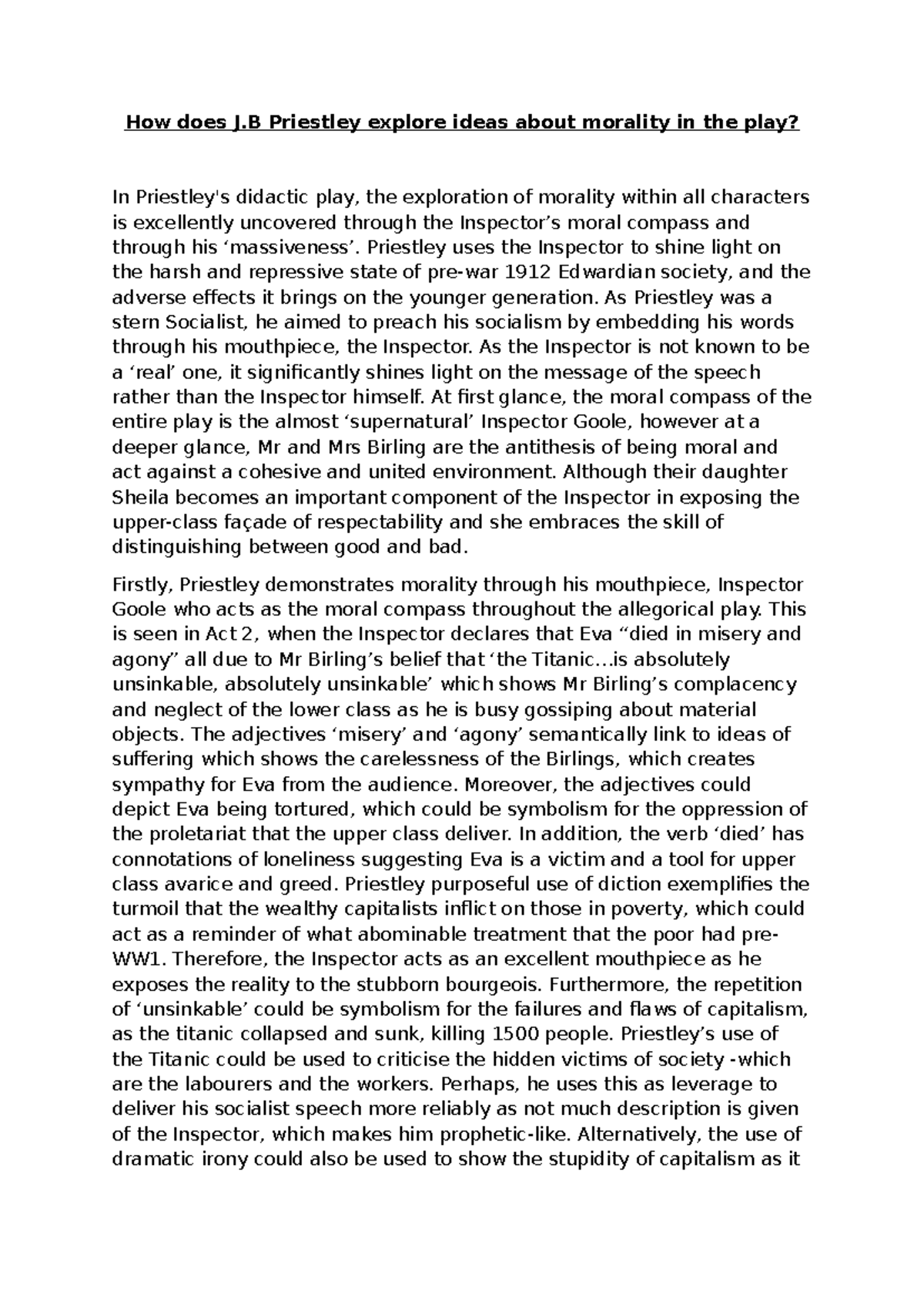 Exploring Morality in JB Priestley's Play: Analyzing Key Themes - Studocu
