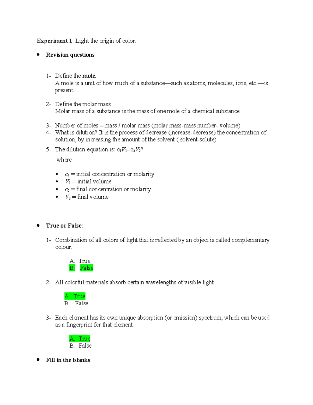 Exp 2 - ASA: Light & Color Experiment Notes and Revision Guide - Studocu