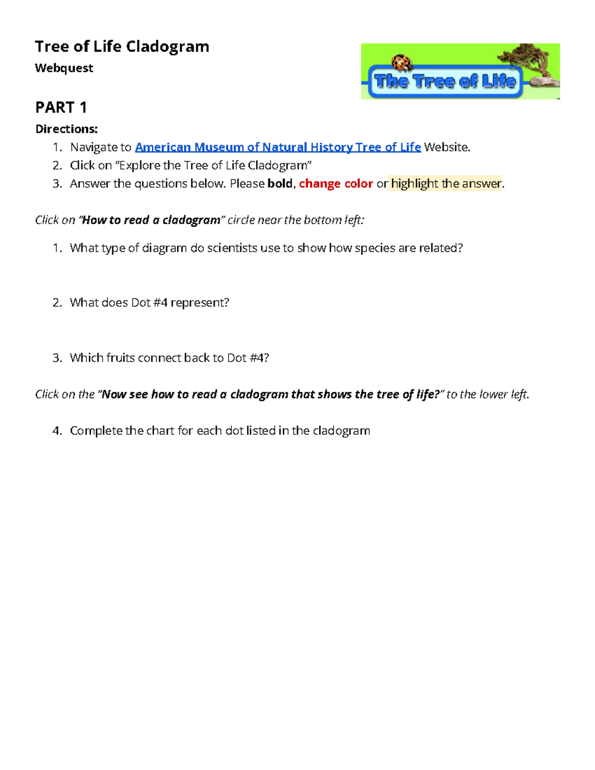 AS 8-2a - Tree of Life Cladogram Webquest: Exploring Species Relations ...