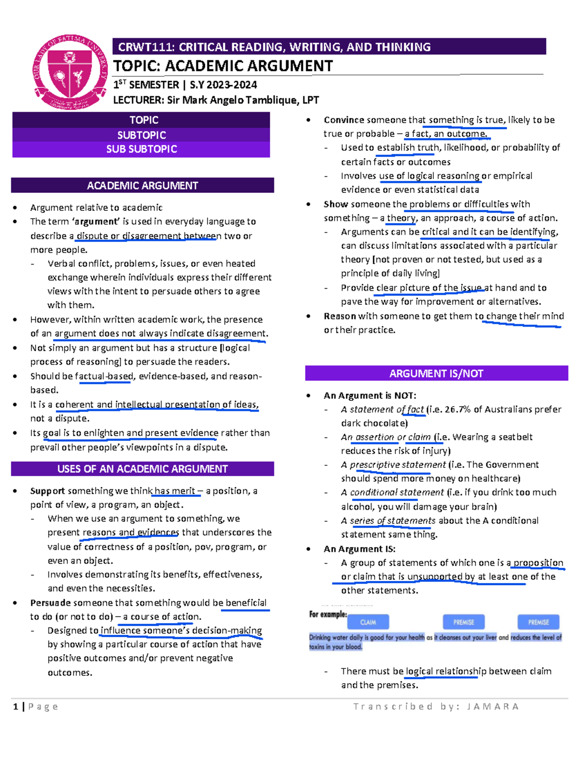 5- Academic- Argument - 1 | P a g e T r a n s c r i b e d b y : J A M A ...