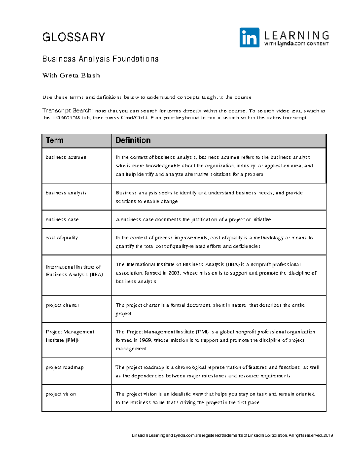 Glossary of Terms for Business Analysis Foundations (BAF) - Studocu