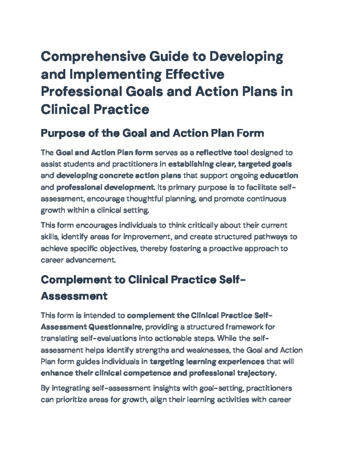 Comprehensive Guide for Developing Goals & Action Plans in Clinical ...