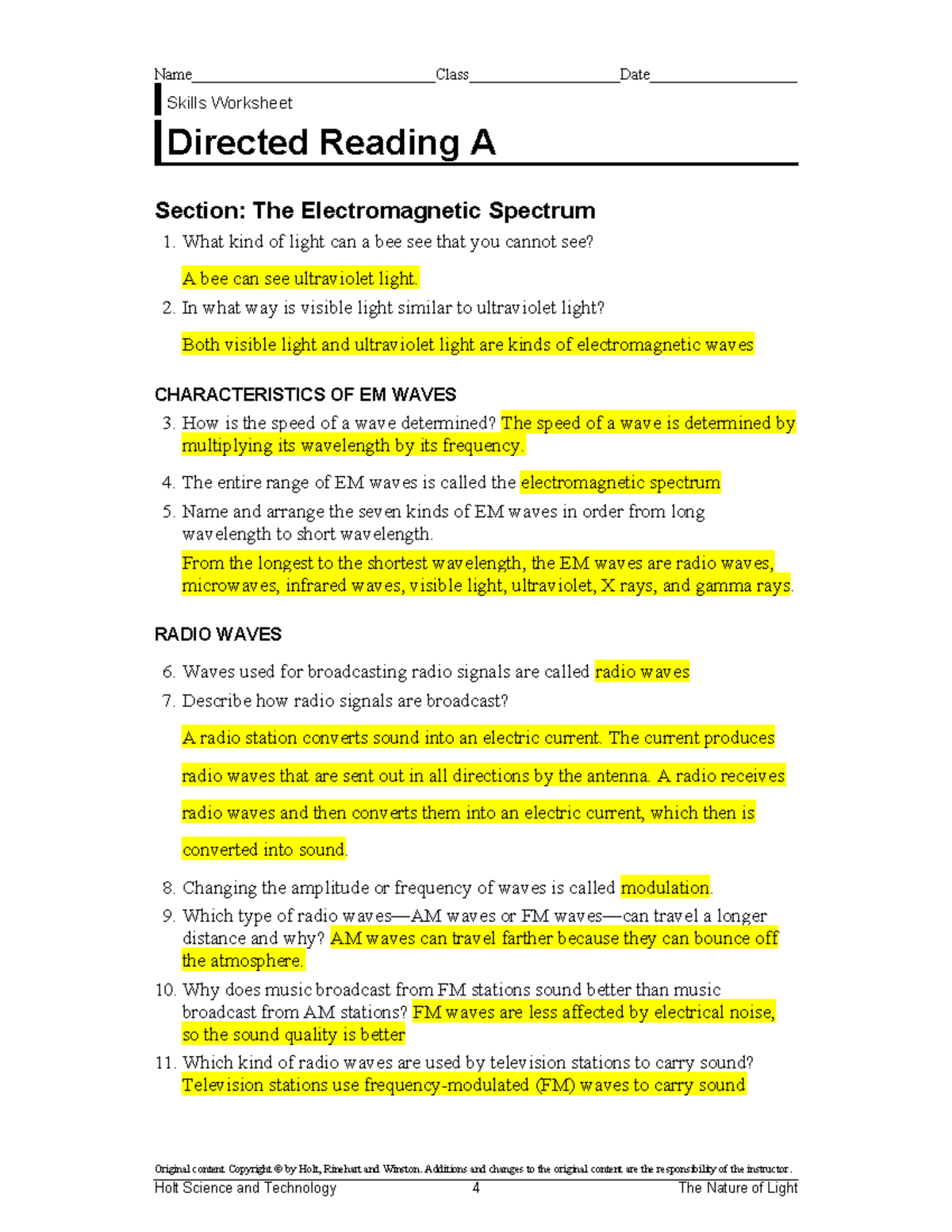 Directed Reading A: The Electromagnetic Spectrum Answer Key - Studocu