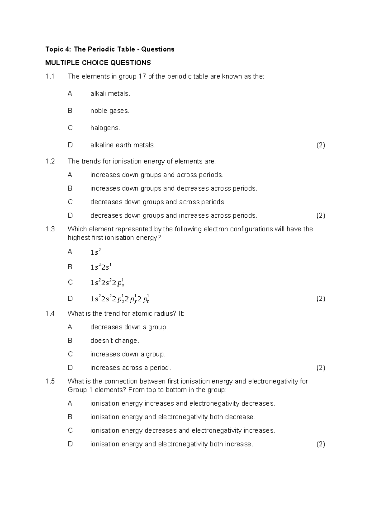 Grade 10 Chemistry Topic 4 Assessment: The Periodic Table Questions ...