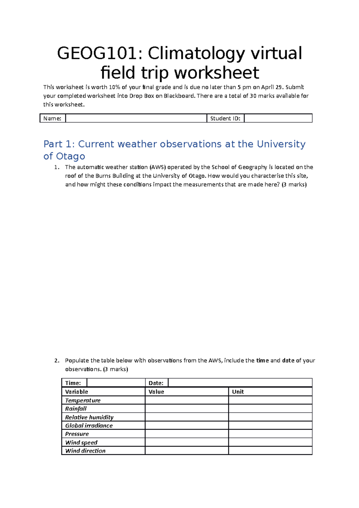 GEOG101 Climatology Virtual Field Trip Worksheet - Final Submission ...