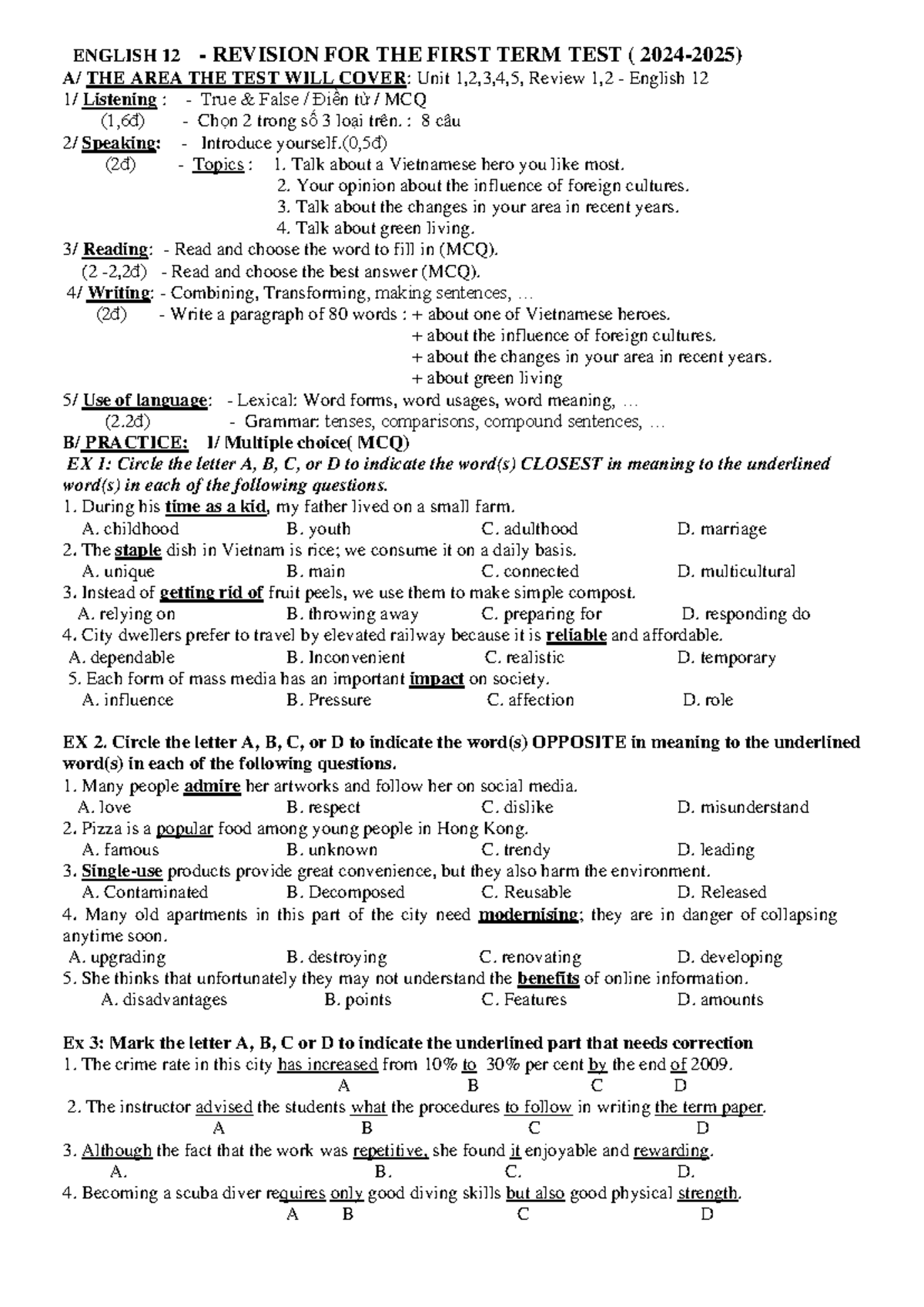 ĐC HK1-E12 - Revision Guide for English 12 First Term Test - Studocu