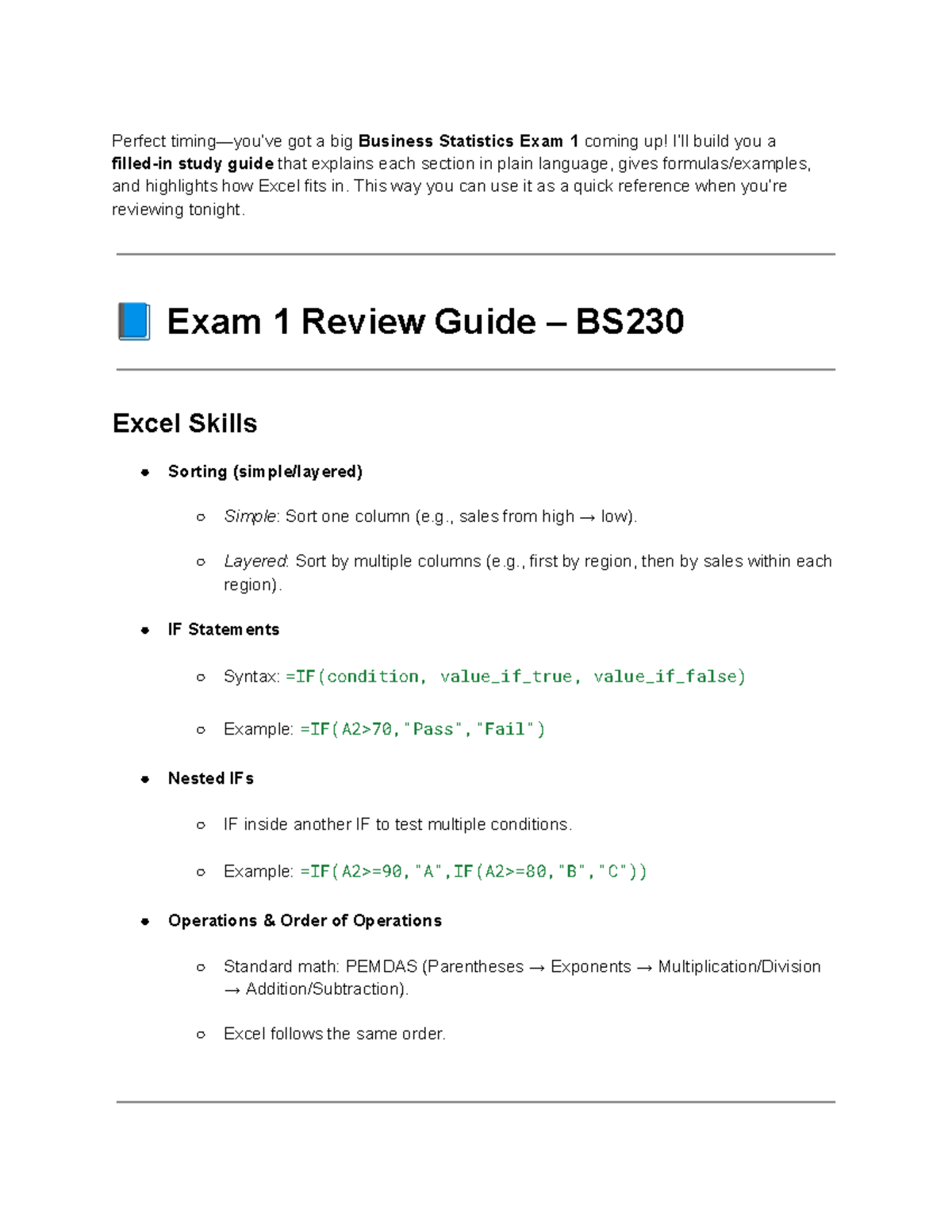Business Statistics Exam 1 Review Guide - BS230 Essentials - Studocu
