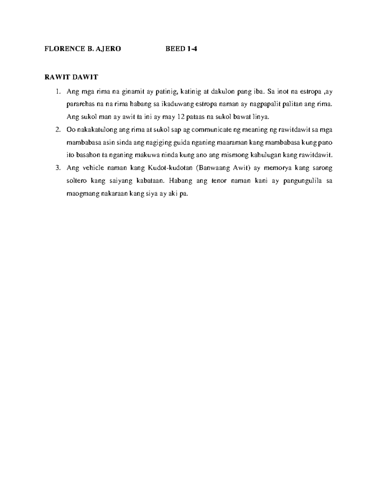 Florence B. Ajero's Analysis of Rawit Dawit (BEED 1) - Studocu