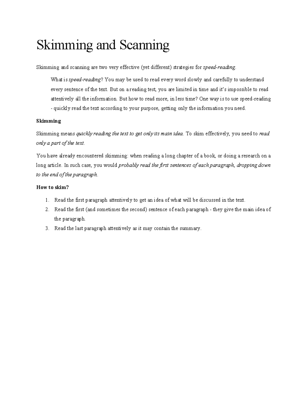02. Skimming and Scanning Strategies for Effective Reading - Studocu