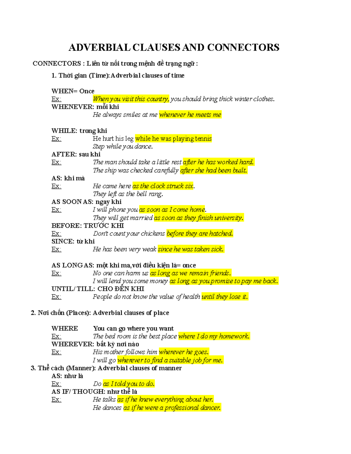 Adverbial Clauses AND Connectors exercise 1 - ADVERBIAL CLAUSES AND CONNECTORS CONNECTORS : Liên ...