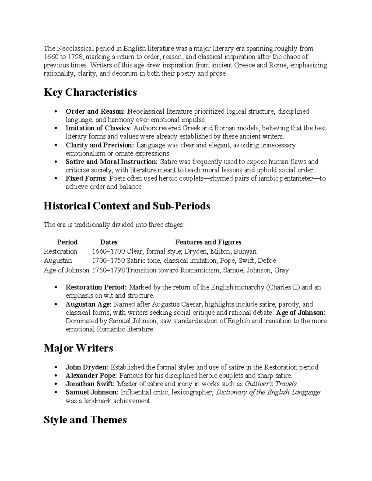 Neoclassical & Transition Periods in English Literature (ENG 101) - Studocu