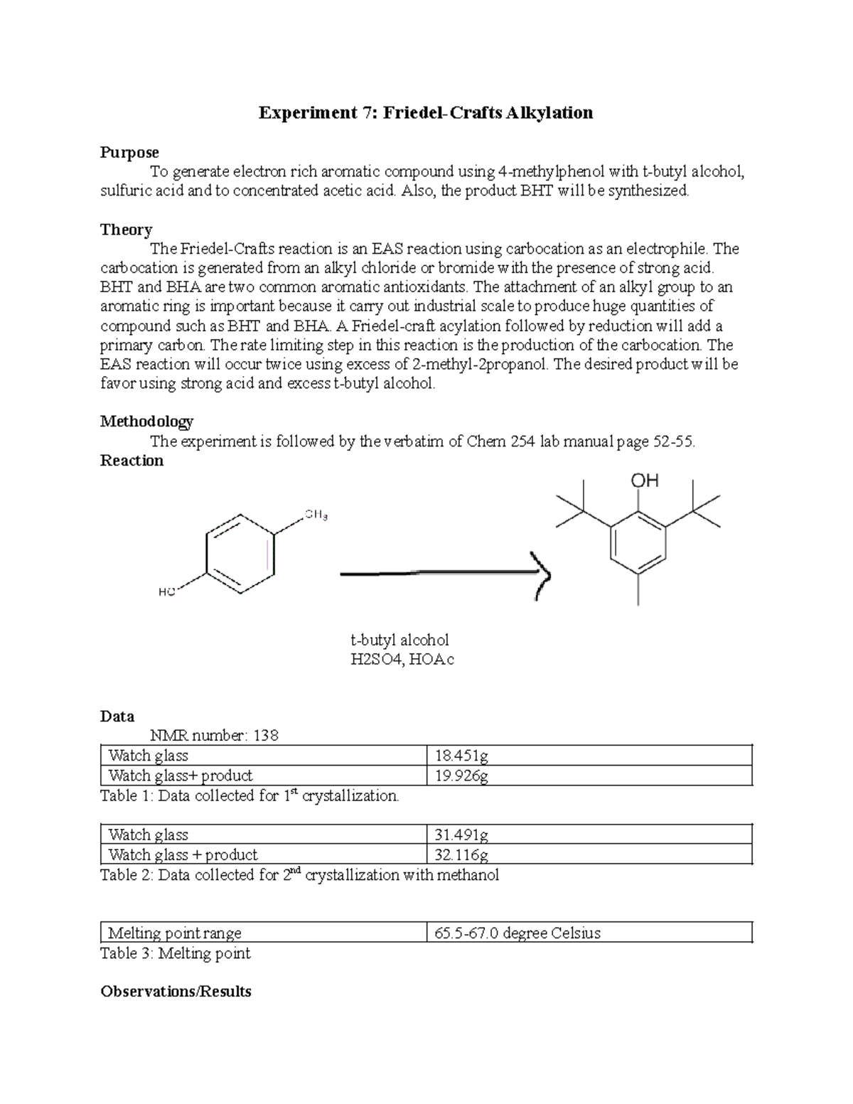 Experiment 7: EAS Alkylation of Aromatic Compounds in Chem 254 - Studocu