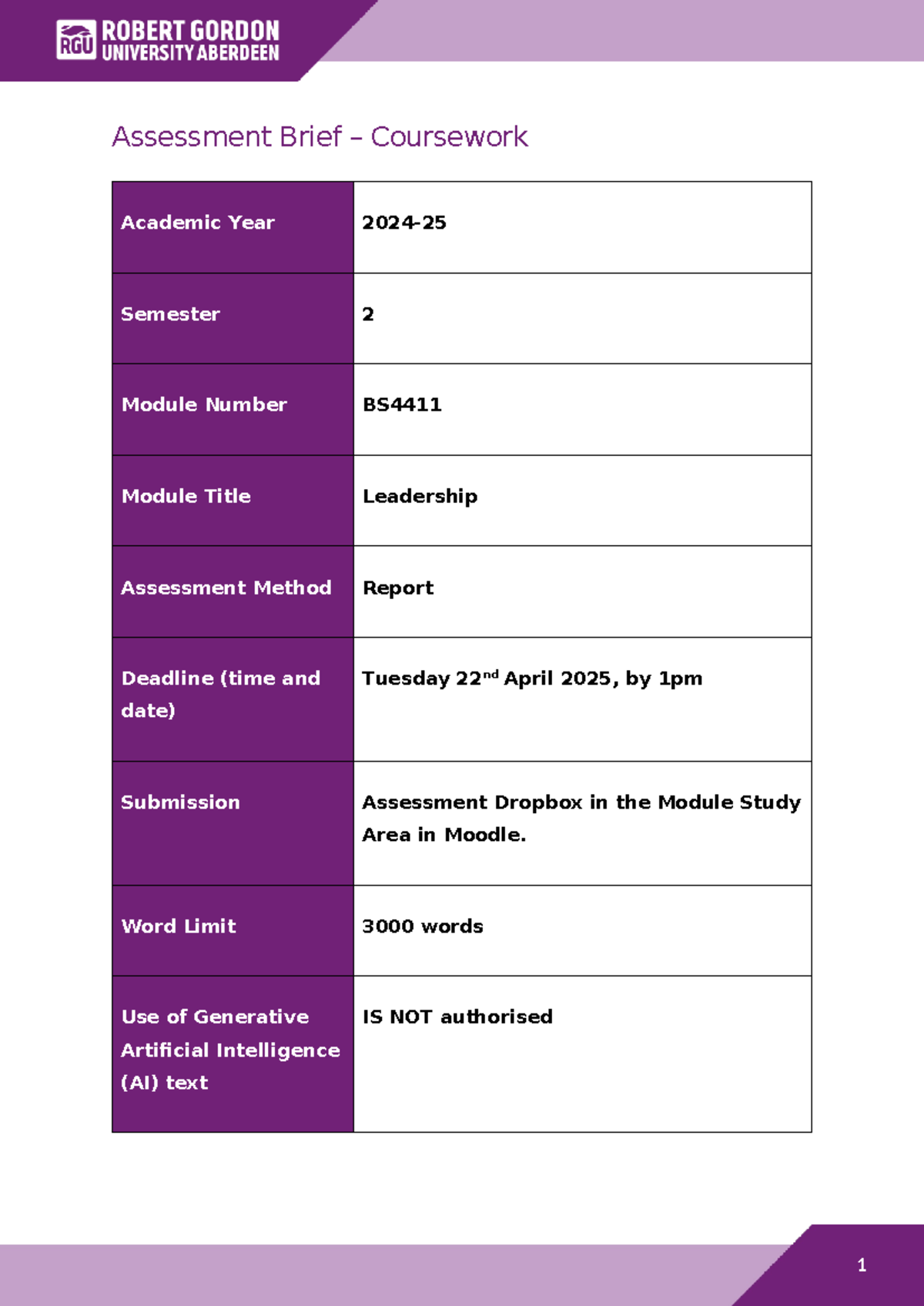BS4411 Leadership Module 2024-25 Coursework Assessment Brief - Studocu