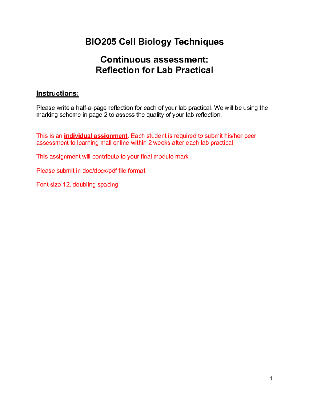 BIO205 Reflection Lab Practical Marking Guidelines - Studocu
