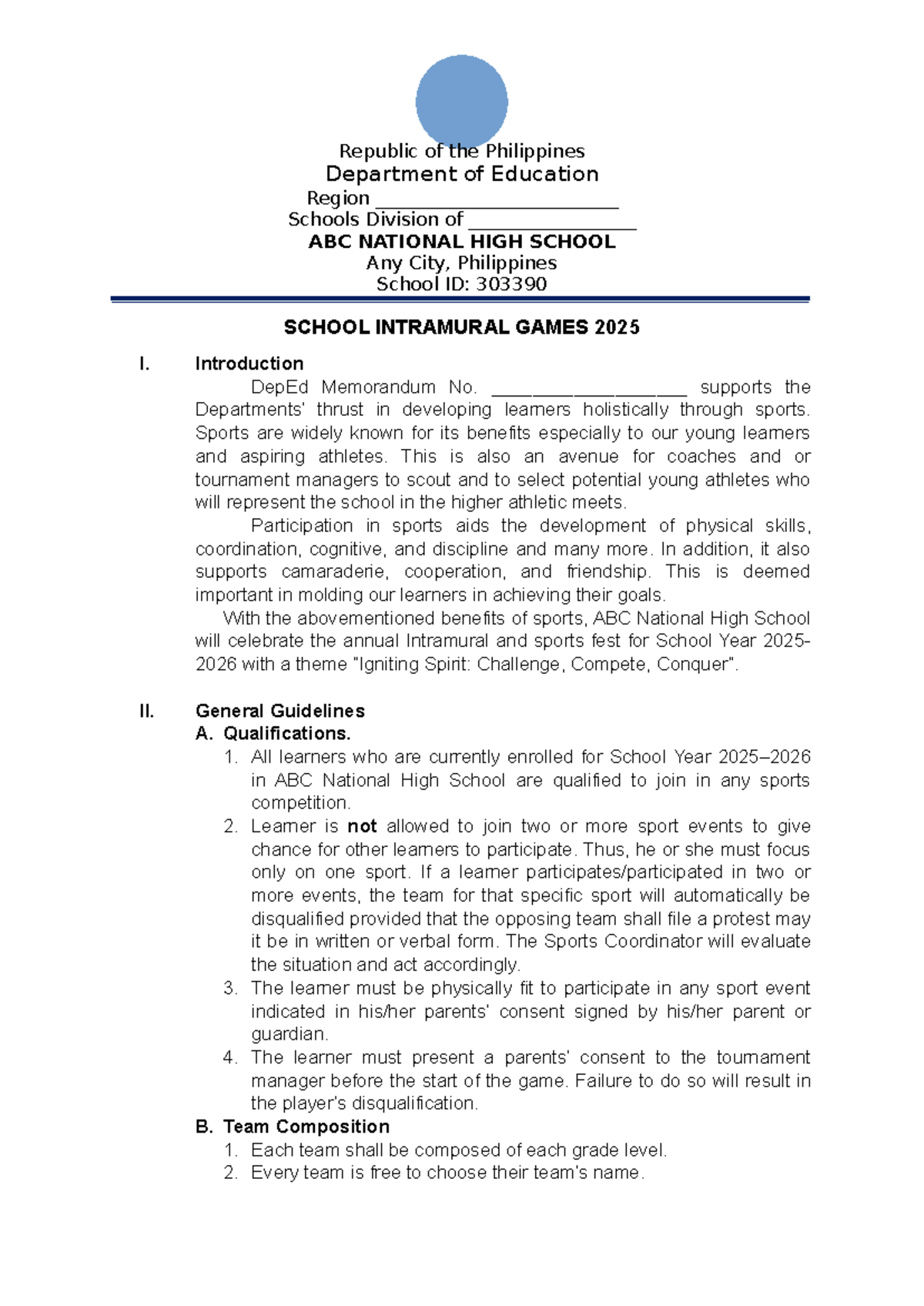 Proposal for Intramural Games 2025 - ABC National High School - Studocu