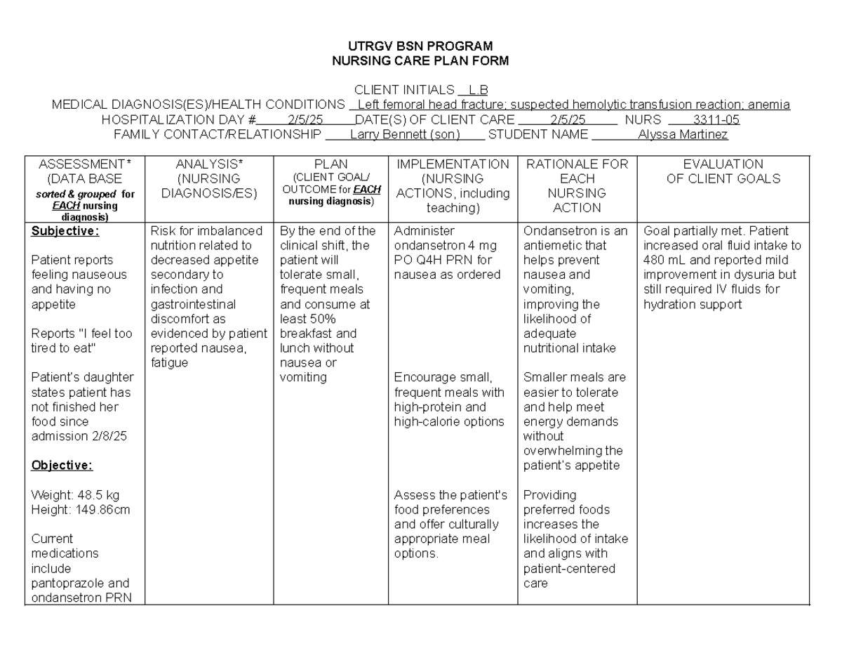 UTRGV BSN NURSING CARE PLAN: Client L.B. with Hemolytic Anemia - Studocu