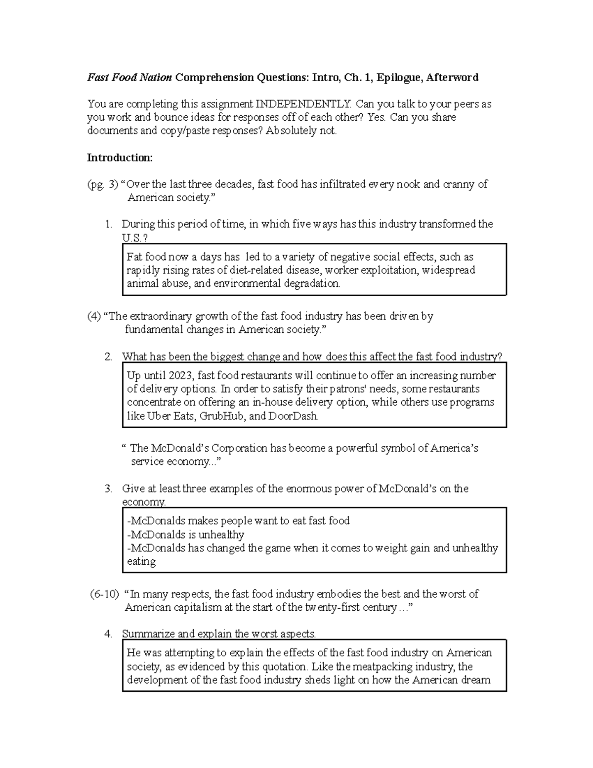 FFN Comprehension Questions - Fast Food Nation Comprehension Questions ...