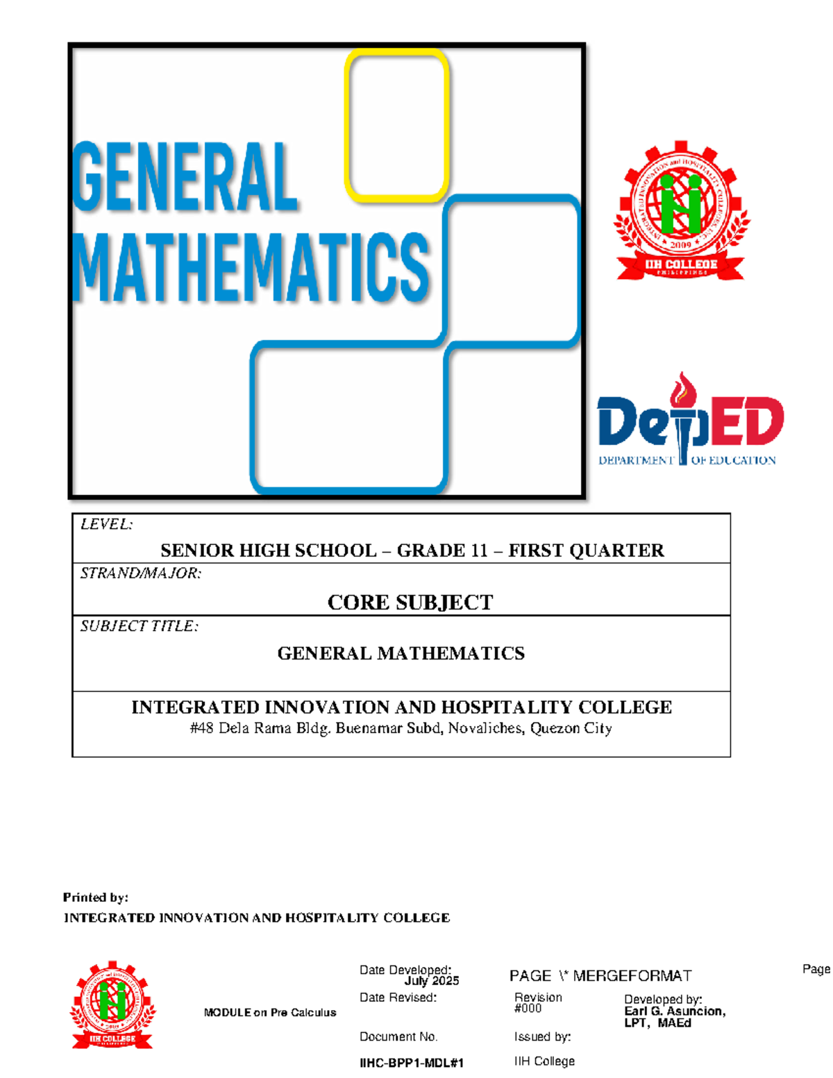 General Mathematics Module: Pre Calculus Revision for Grade 11 - Studocu