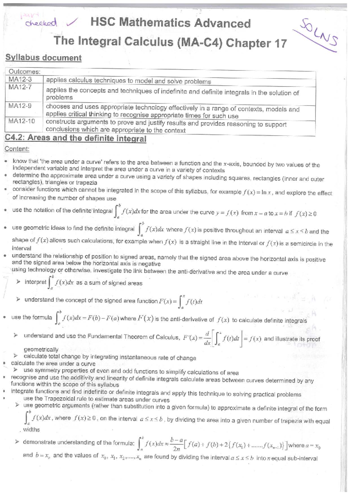 Integral Calculus HSC Mathematics Advanced Chapter 17 SBLVS Solutions ...