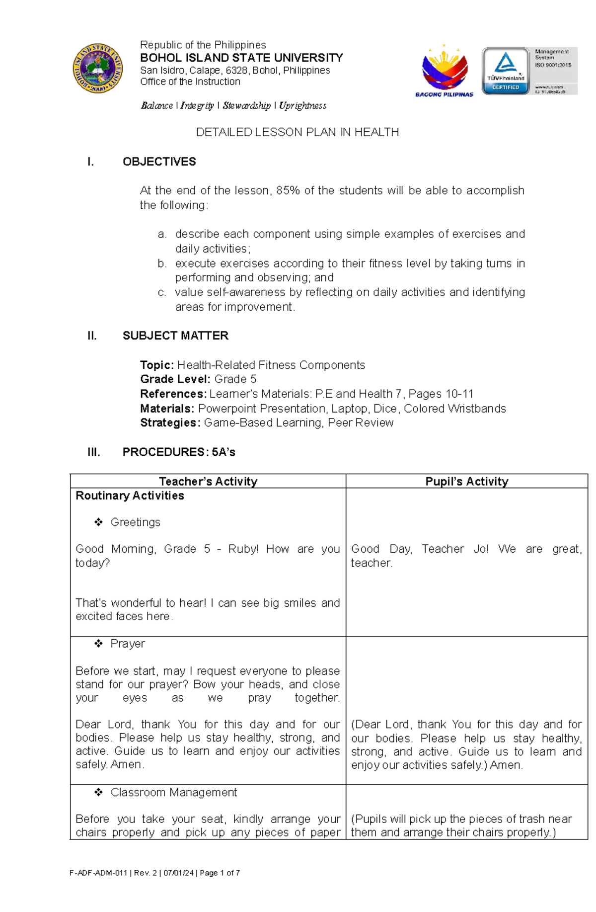 Detailed Lesson Plan in Health for Grade 5: Fitness Components - Studocu