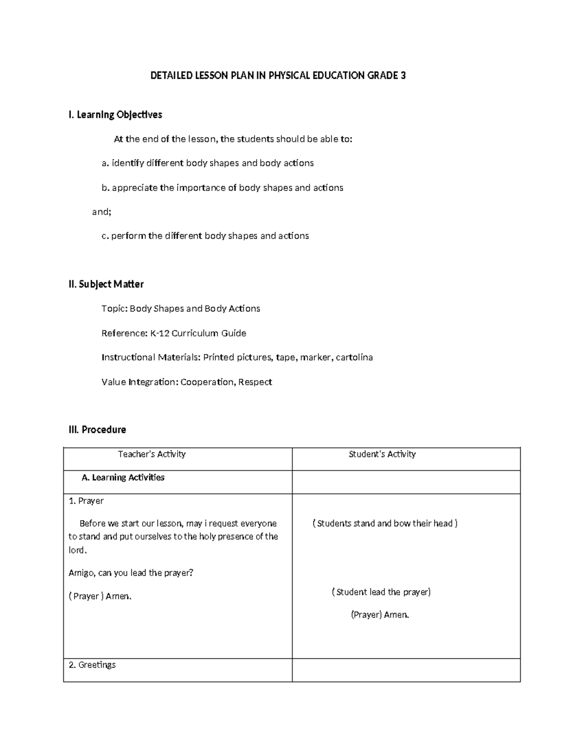 DETAILED LESSON PLAN: BODY SHAPES & ACTIONS - PE GRADE 3 - Studocu
