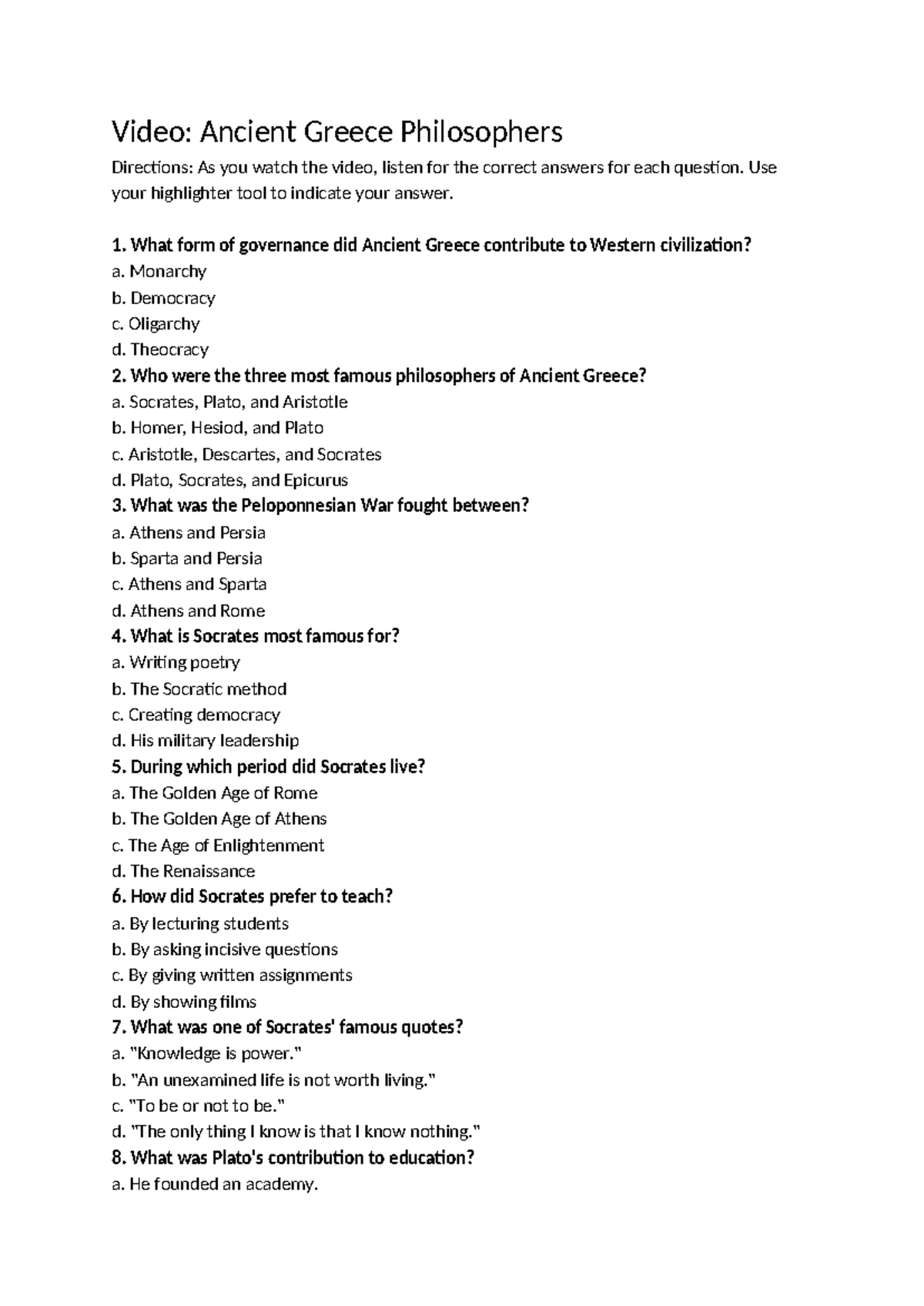 Video: Ancient Greece Philosophers Quiz Directions and Questions - Studocu