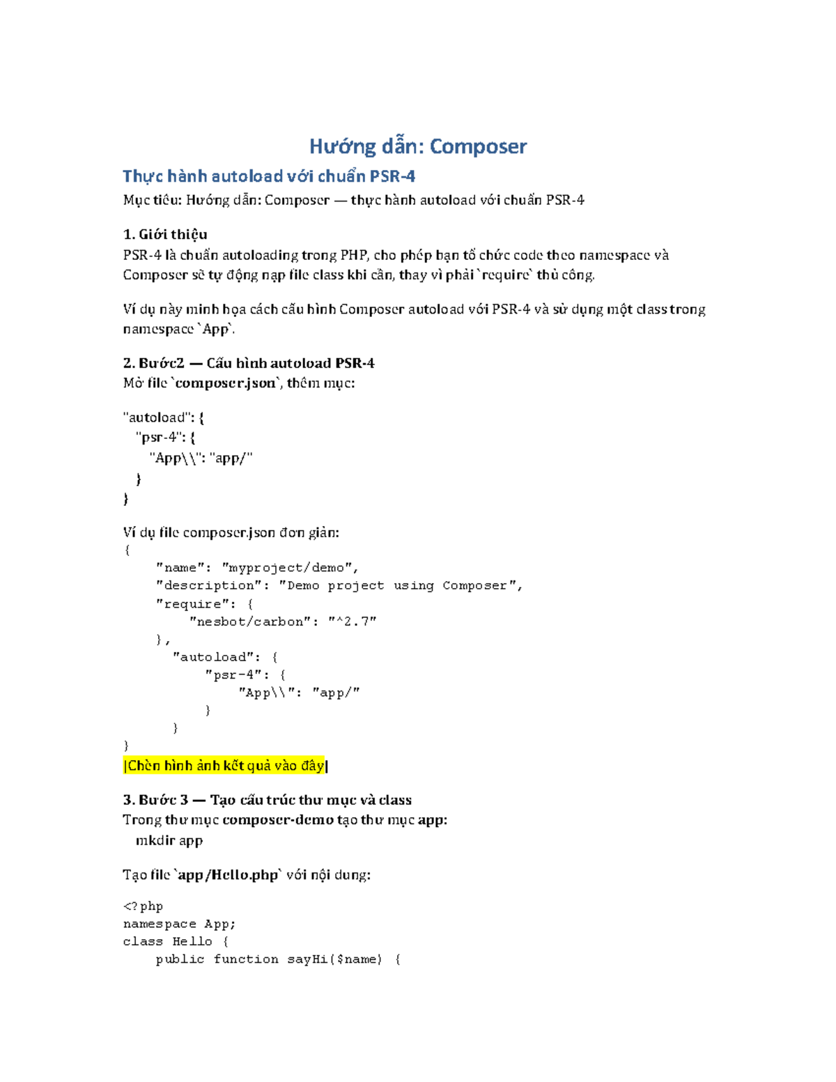 Hướng dẫn: Composer Thực hành Autoload PSR-4 - Studocu