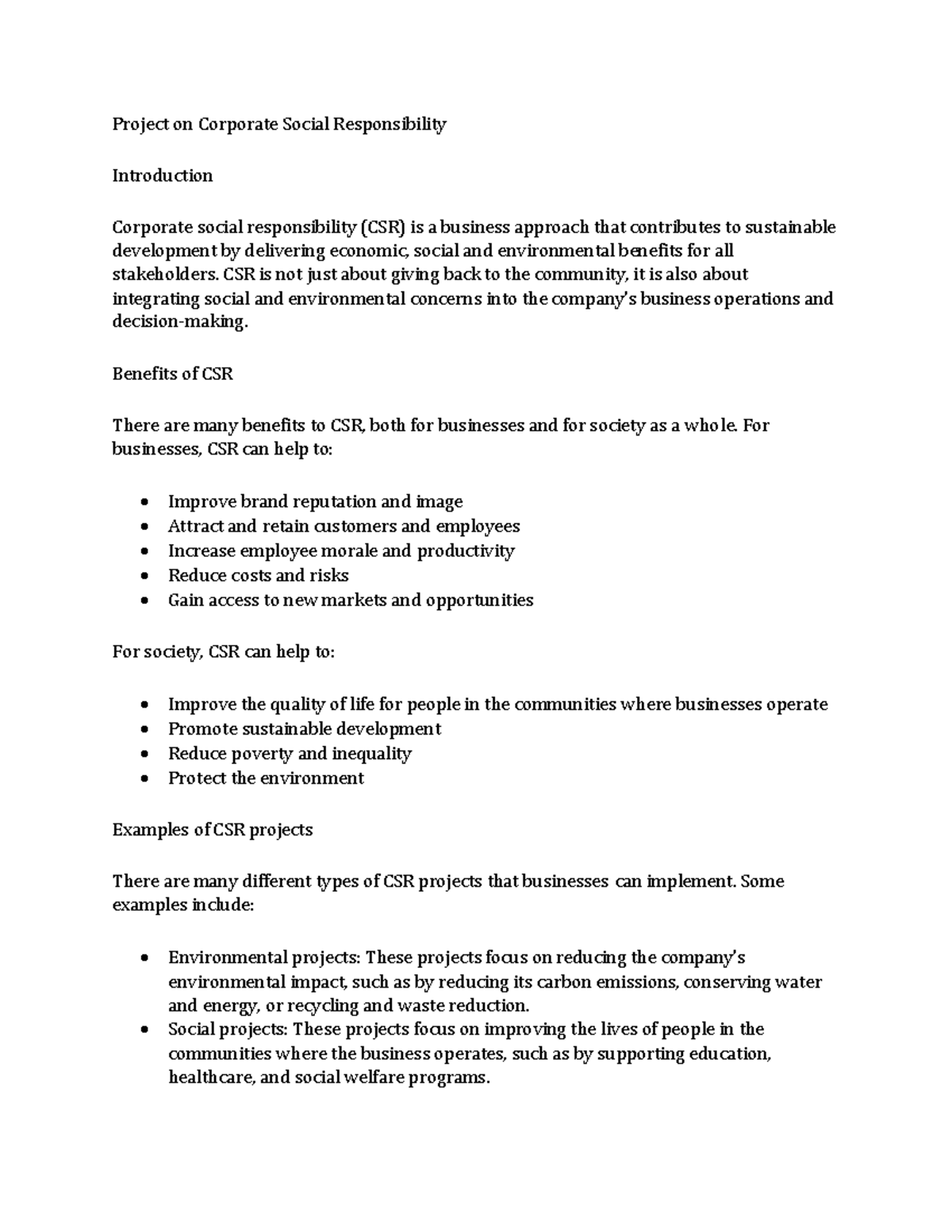 CSR Project Analysis: Corporate Social Responsibility Overview - Studocu